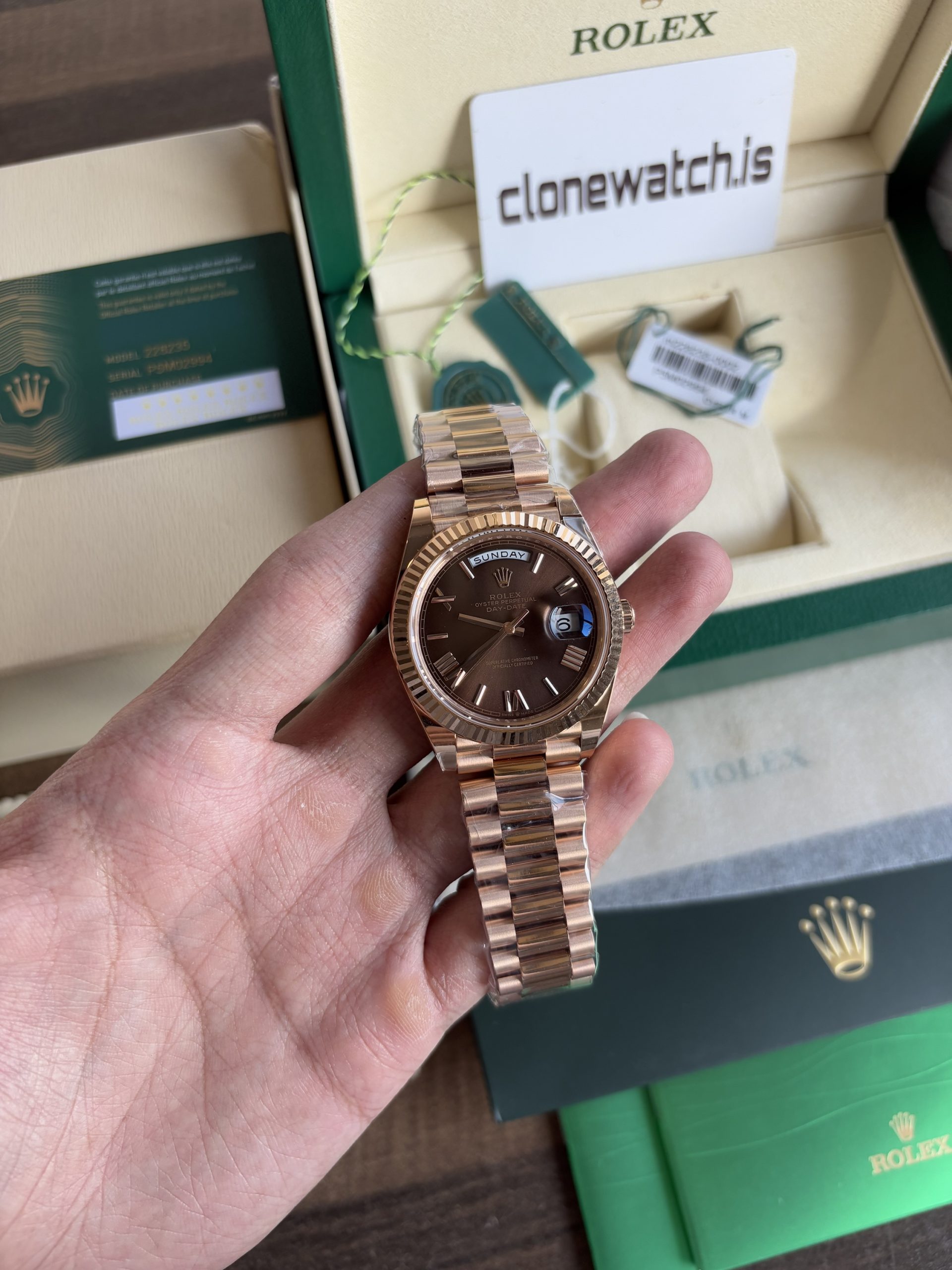 Absolute Best Clone Rolex Day-Date 40 Everose Gold Chocolate Dial